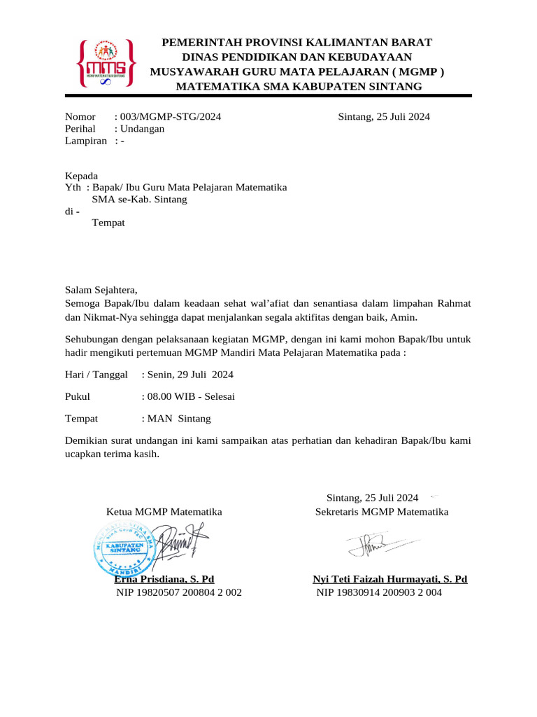 Undangan MGMP MTK Senin, 29 Juli 2024 | PDF