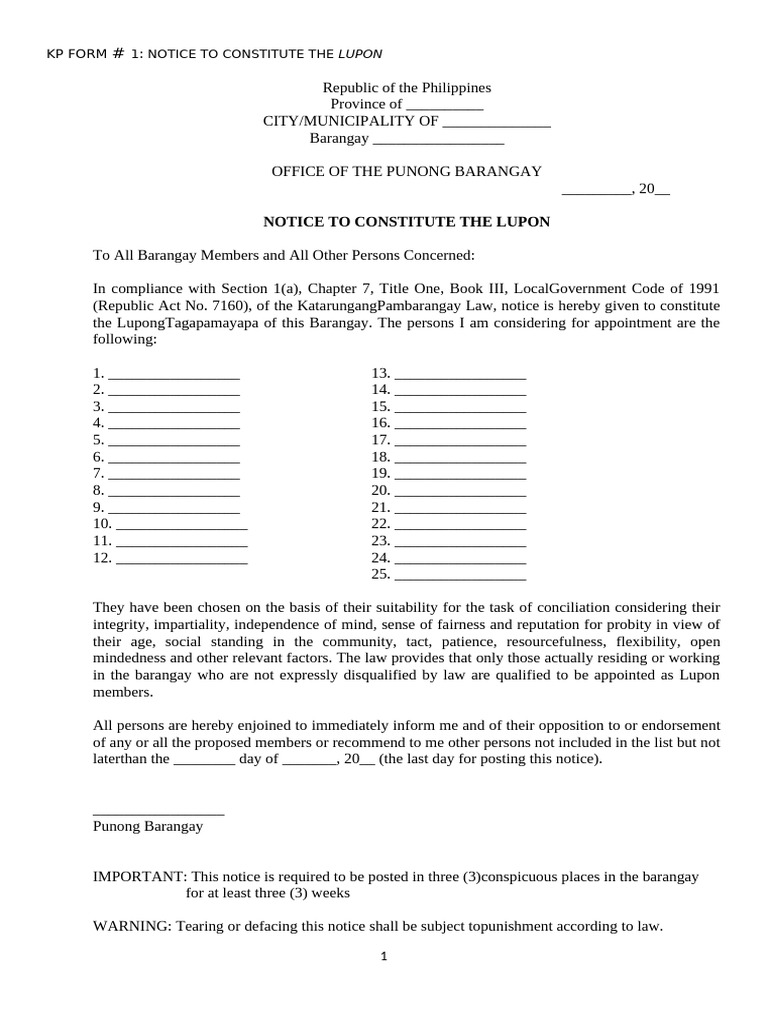 KP Form 1: Notice To Constitute The | PDF | Oath Of Office | Justice