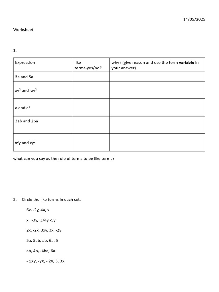 Algebra Like Terms | PDF