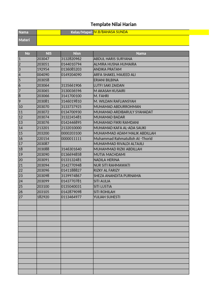Template Nilai Harian Bahasa Sunda | PDF