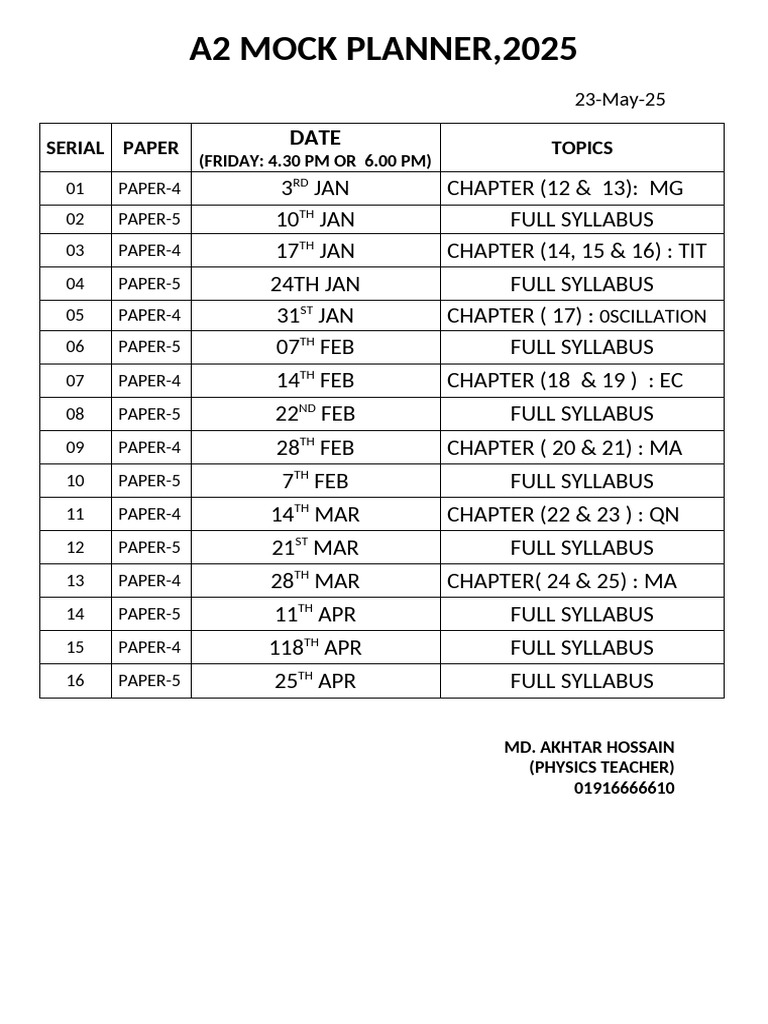 2025 A2 Mock Planner Schedule | PDF