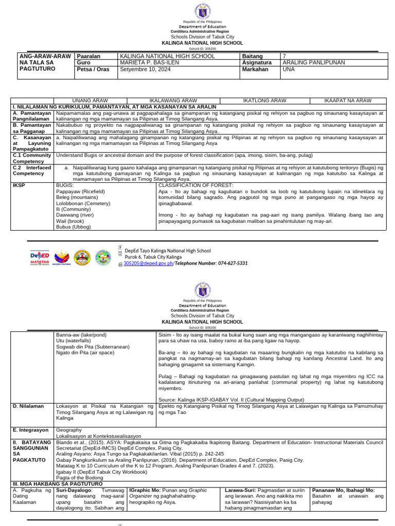 Matatag Indiginized Le Ap7, Q1, W1 - Bas-Ilen | PDF