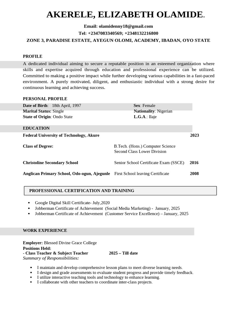 Akerele Elizabeth Olamide | PDF | Teachers | Lesson Plan