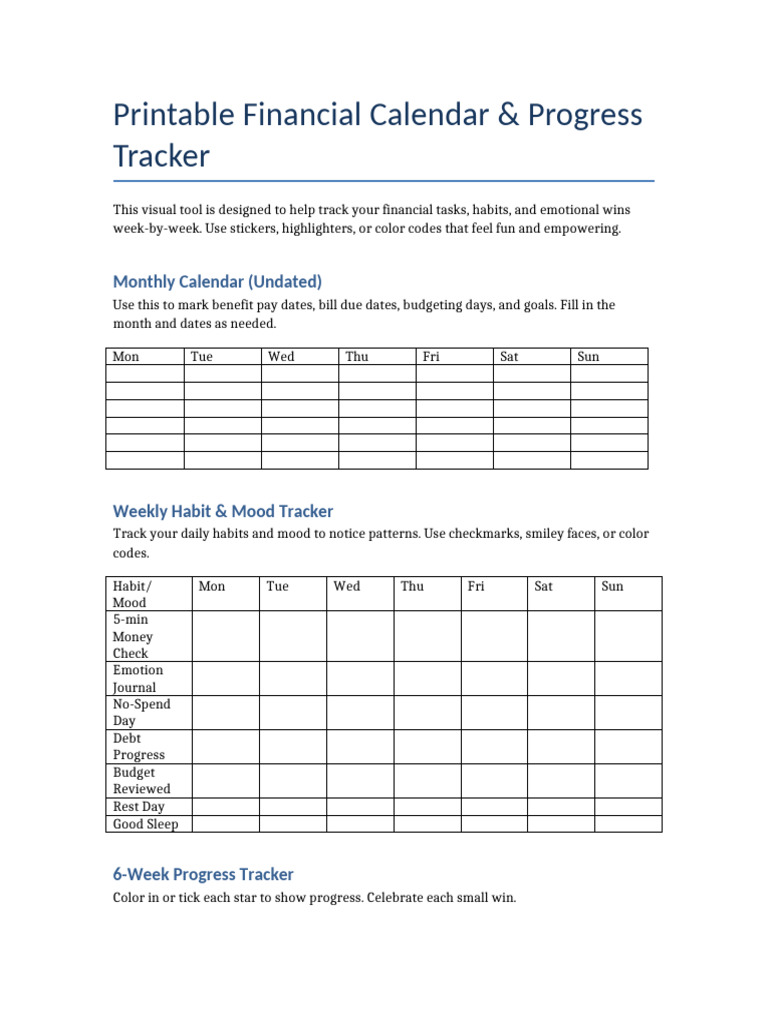Financial Calendar & Progress Tracker | PDF