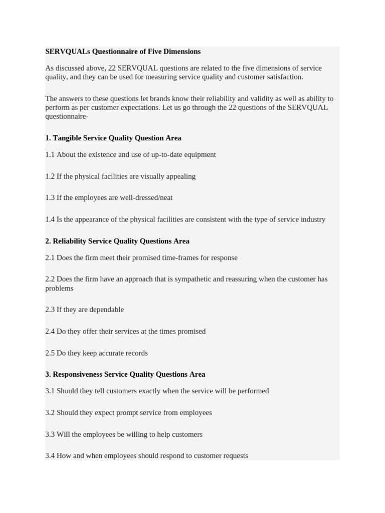 SERVQUALs Questionnaire of Five Dimensions | PDF
