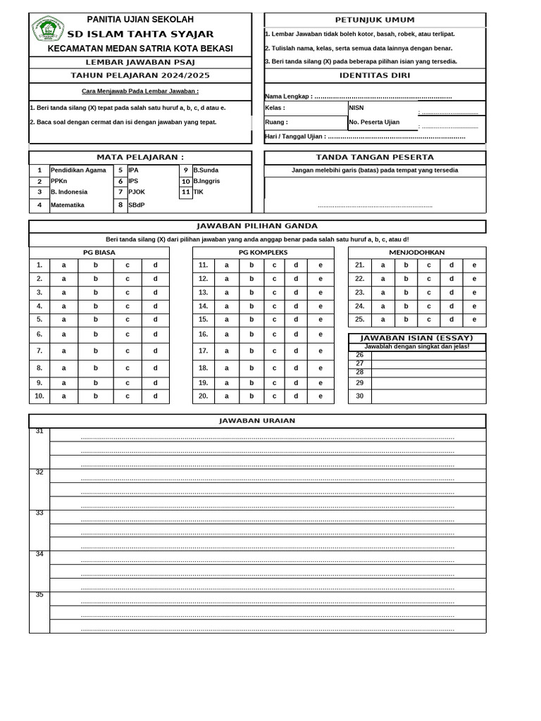 Lembar Jawaban PSAJ 2025 | PDF
