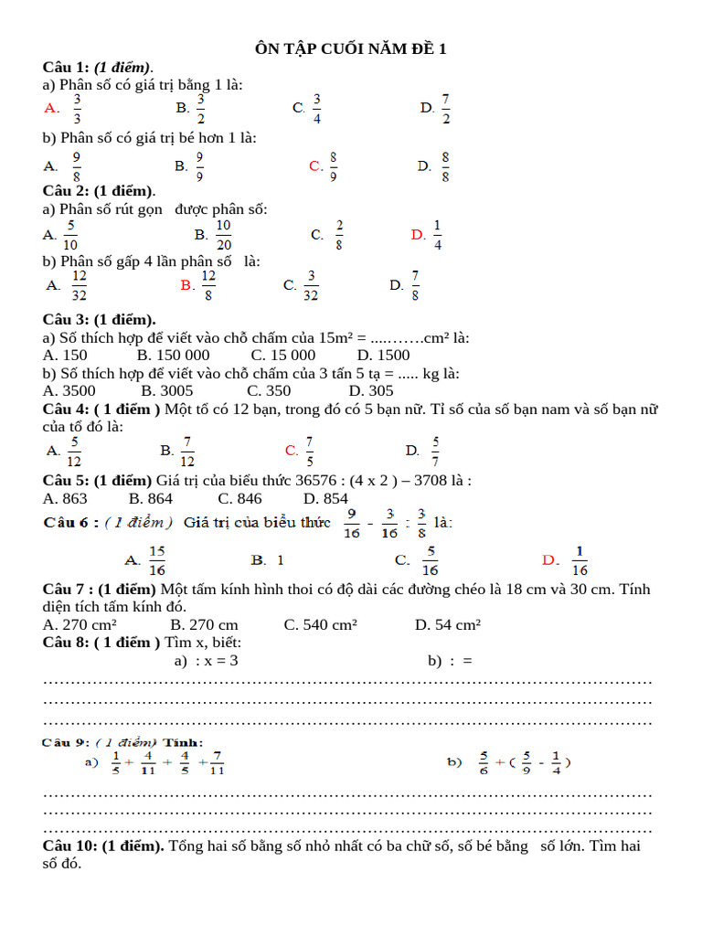 Bo de On Tap Cuoi Nam Toan 4 20182019 | PDF