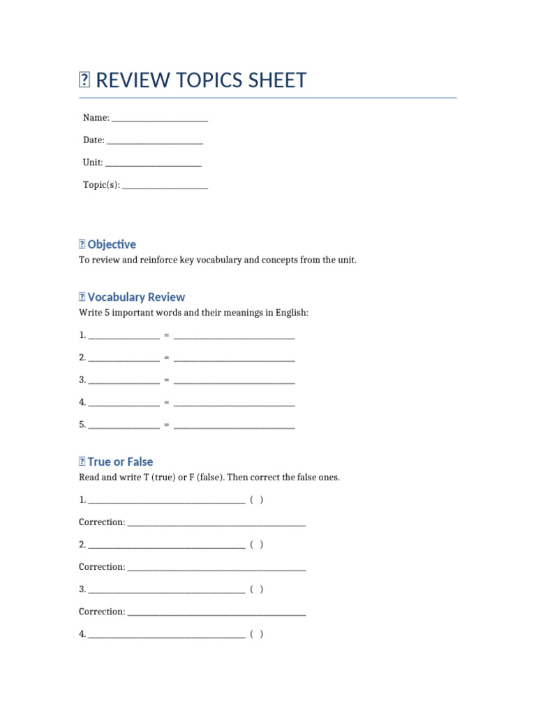 Review Topics Sheet | PDF