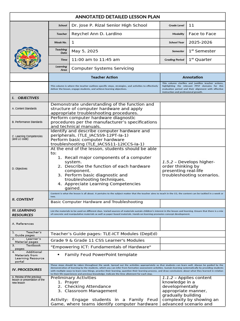 Annotated DLP (Grade 11 TVL Ict CCS) | PDF | Troubleshooting | Learning