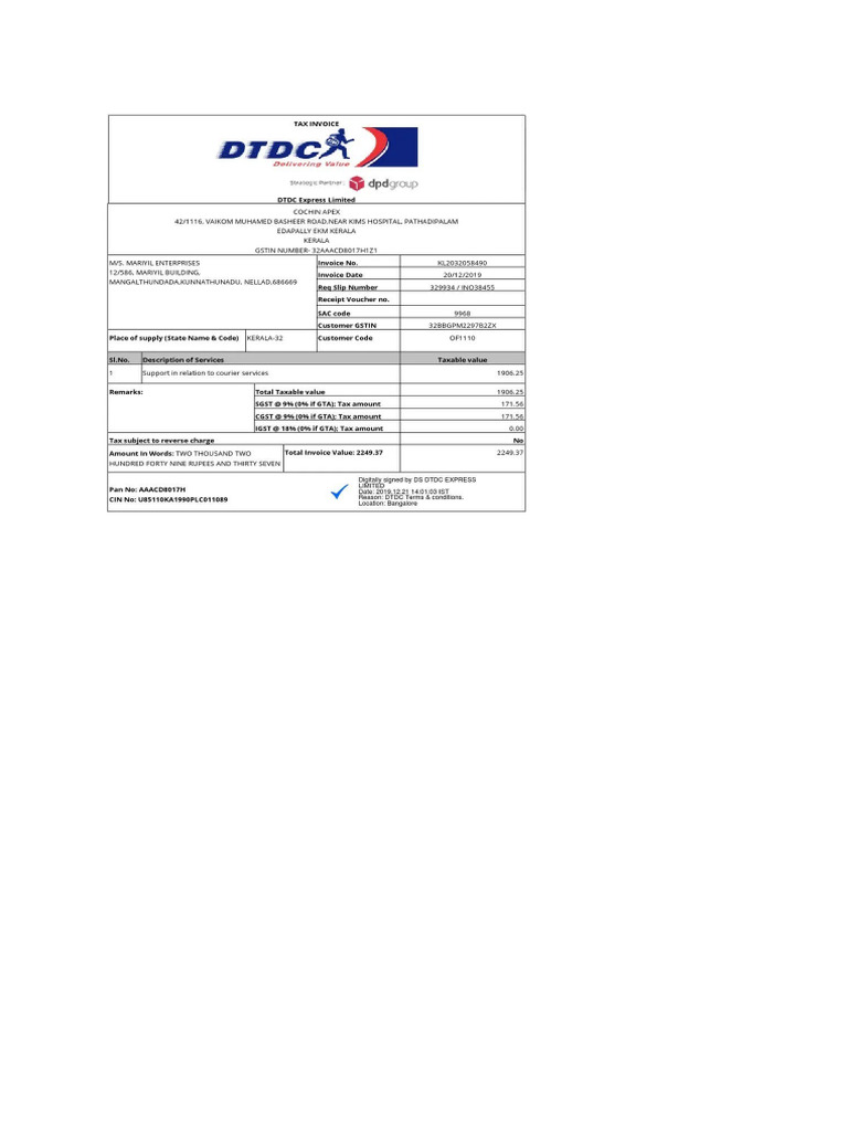 This Is The DTDC Bill Which I Got For My Order | PDF