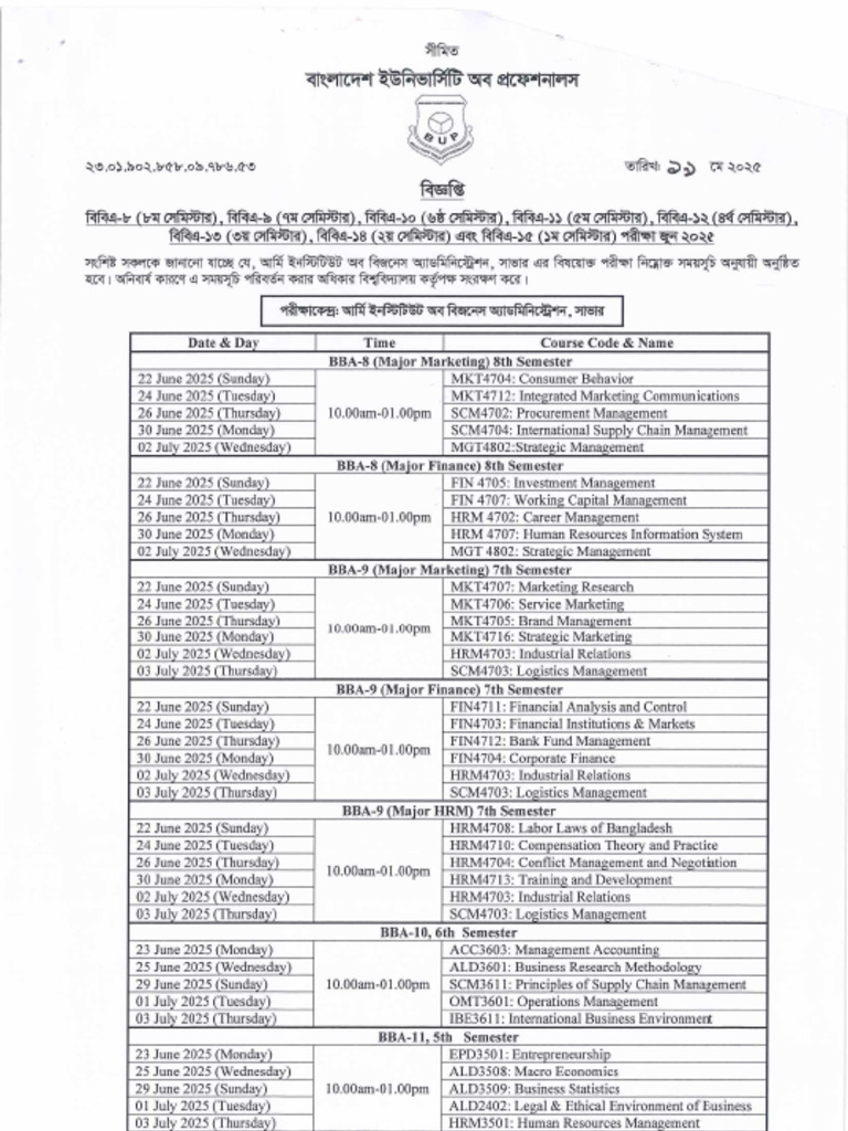 BBA Semester Final Exam Schedule | PDF