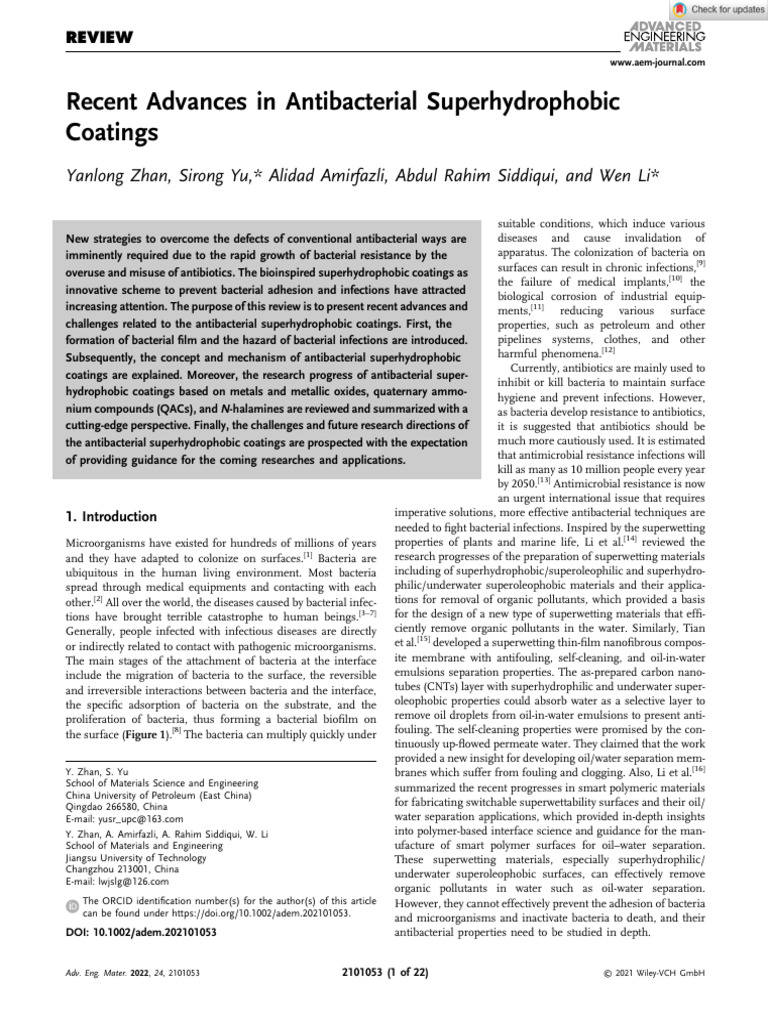 Adv Eng Mater - 2021 - Zhan - Recent Advances in Antibacterial Superhydrophobic Coatings | PDF ...