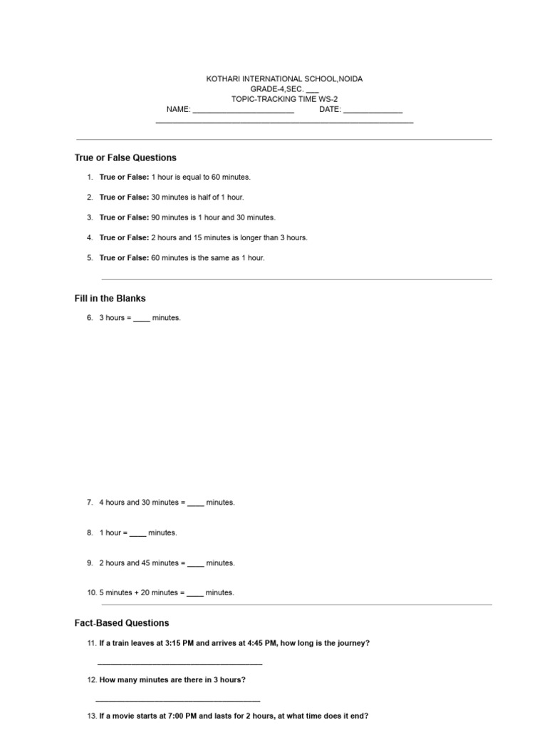 Time Tracking Worksheet for Grade 4 | PDF