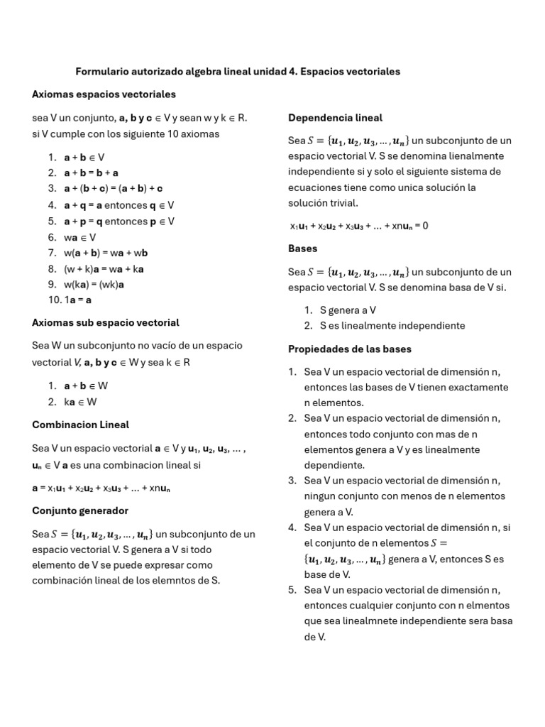 Formulario Aprobado para Algebra Lineal - Espacios Vectoriales | PDF | Espacio vectorial | Base ...