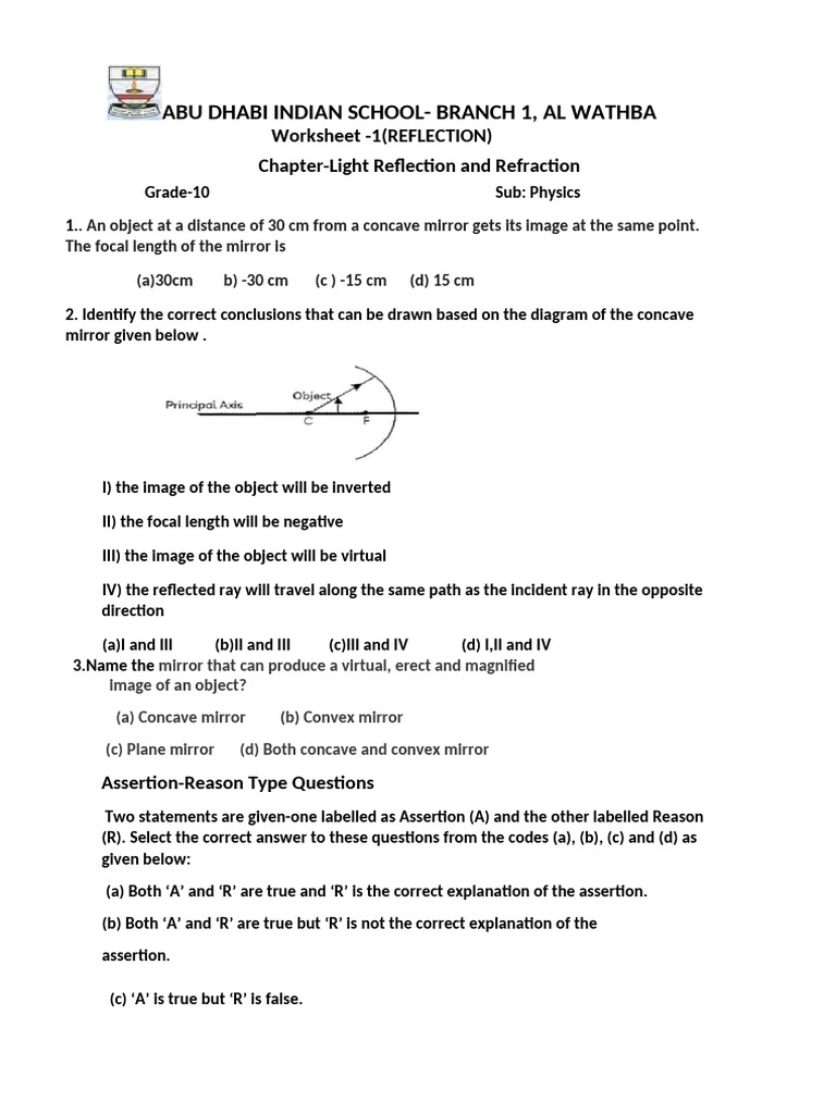 Grade 10 Physics: Light Reflection Worksheet | PDF | Mirror ...