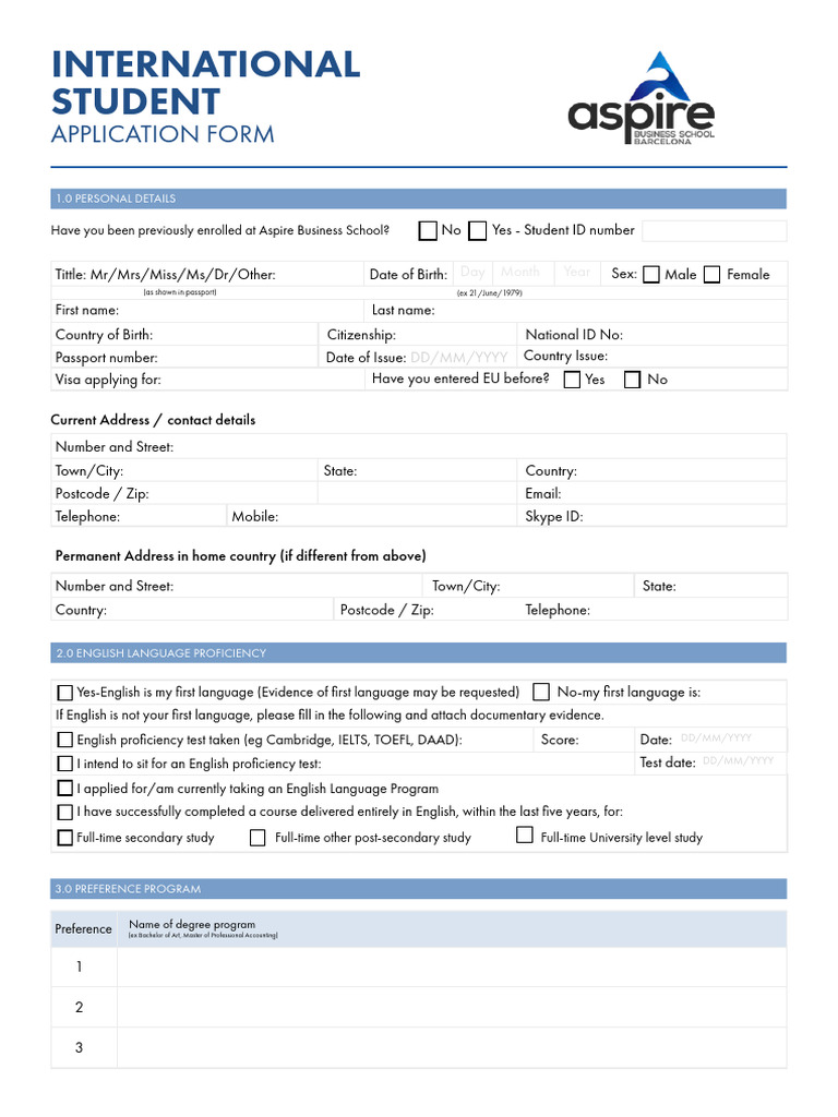 Aspire Business School Application Form for International Student | PDF | Cost Of Living