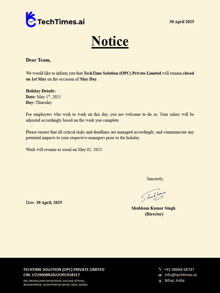 Holiday Notice - 1 | PDF