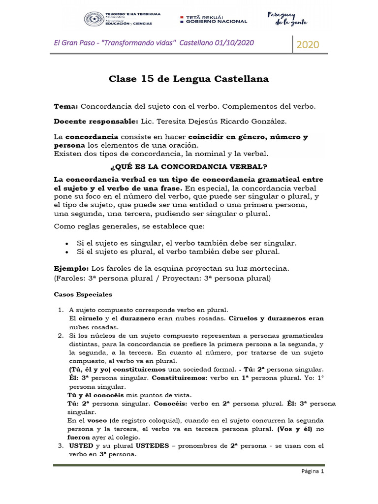 CASTELLANO Concordancia Del Sujeto Con El Verbo. Complementos Del Verbo | PDF | Verbo | Asunto ...