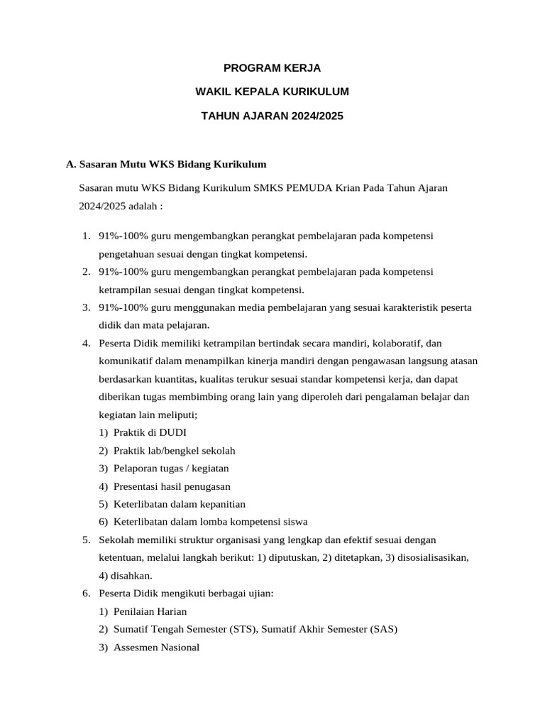 Program Kerja Waka Kurikulum 2024-2025 | PDF