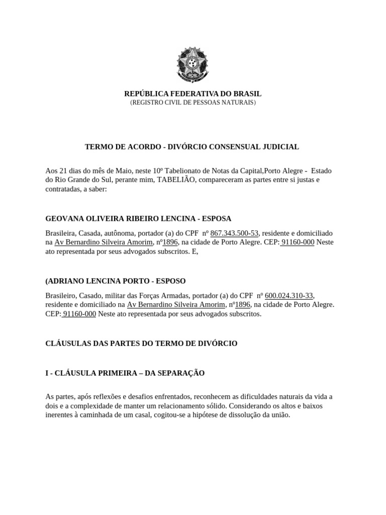 Modelo Termo de Acordo Divorcio Consensual Judicial | PDF | Divórcio | Amor