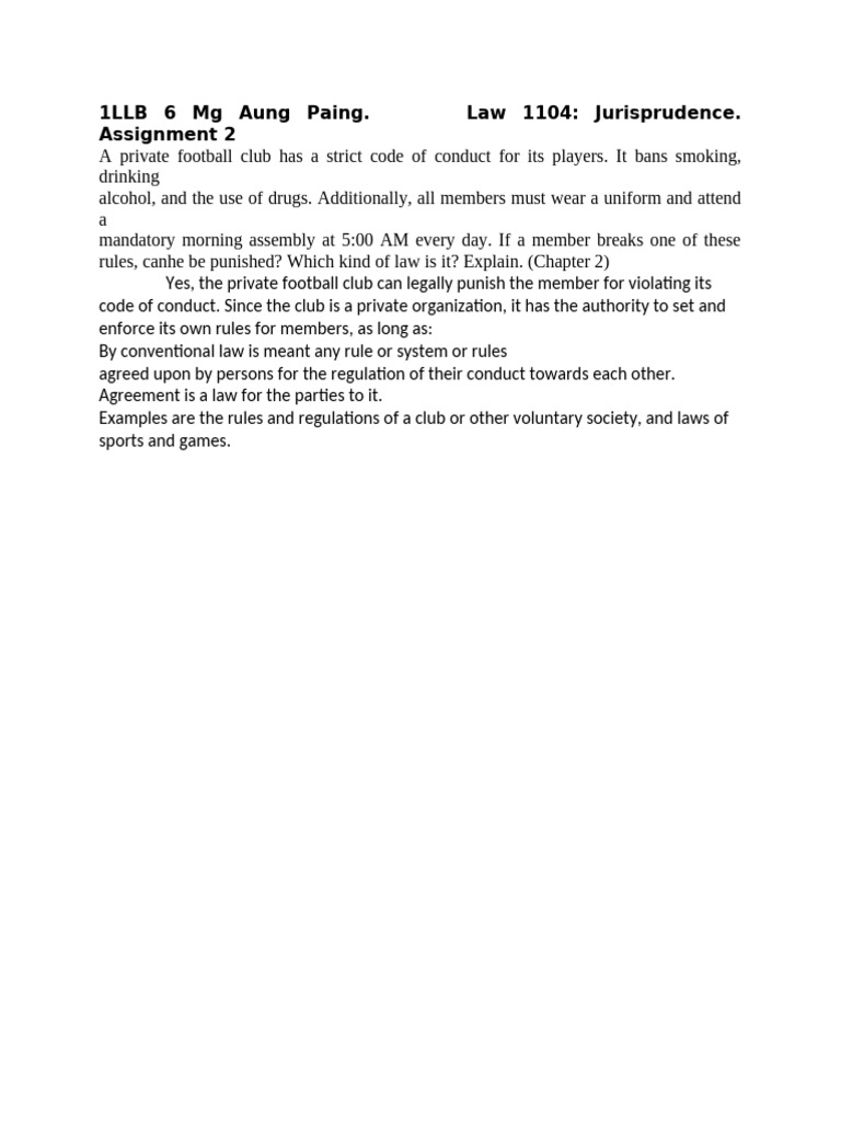 1LLB 6 MG Aung Paing. Law 1104: Jurisprudence. Assignment 2 | PDF