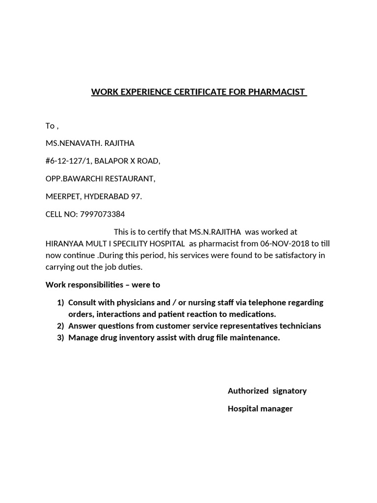 Sai Work Experience Certificate For Pharmacist | PDF