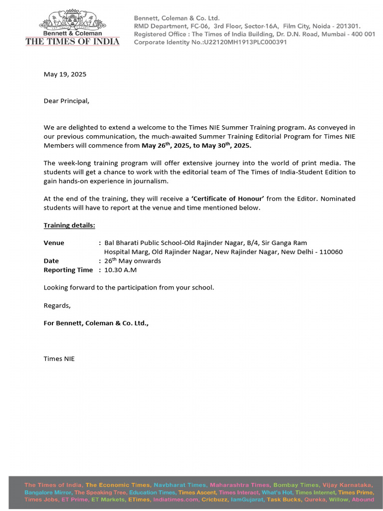 Times NIE Summer Training 2025 Details | PDF