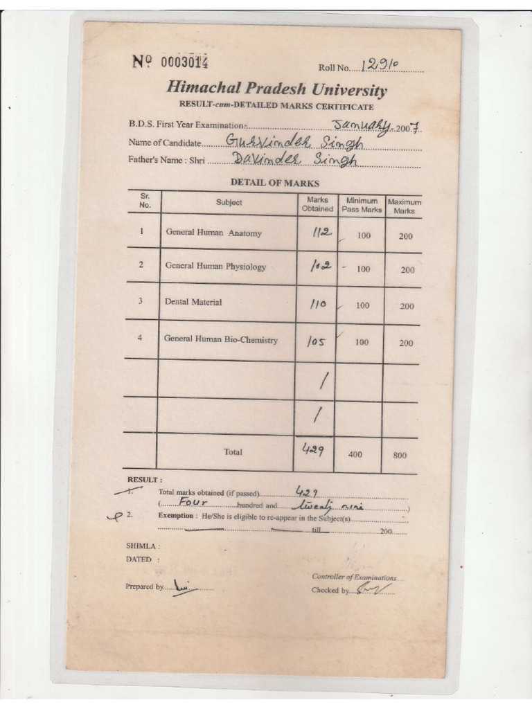 C. BDS 1st - Final Year Marksheet | PDF