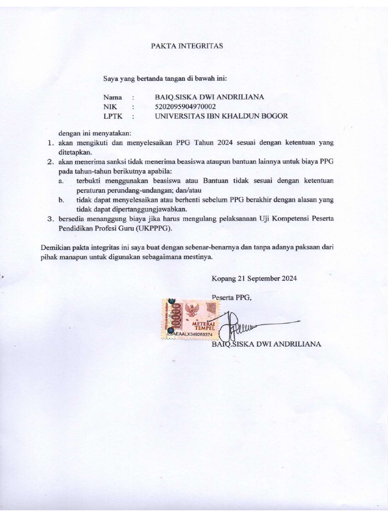 Baiq Siska Dwi Andriliana - Pakta Integritas | PDF