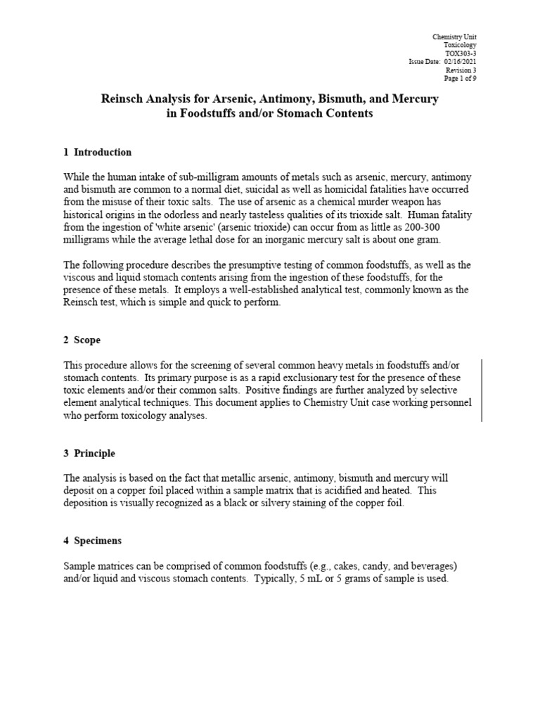 Reinsch Analysis For Arsenic, Antimony, Bismuth, and Mercury in ...