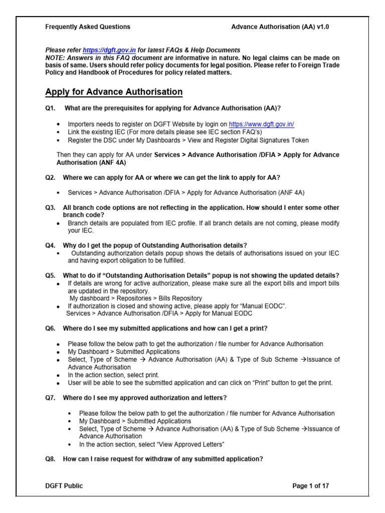DGFT Advance Authorisation FAQs | PDF | Currency