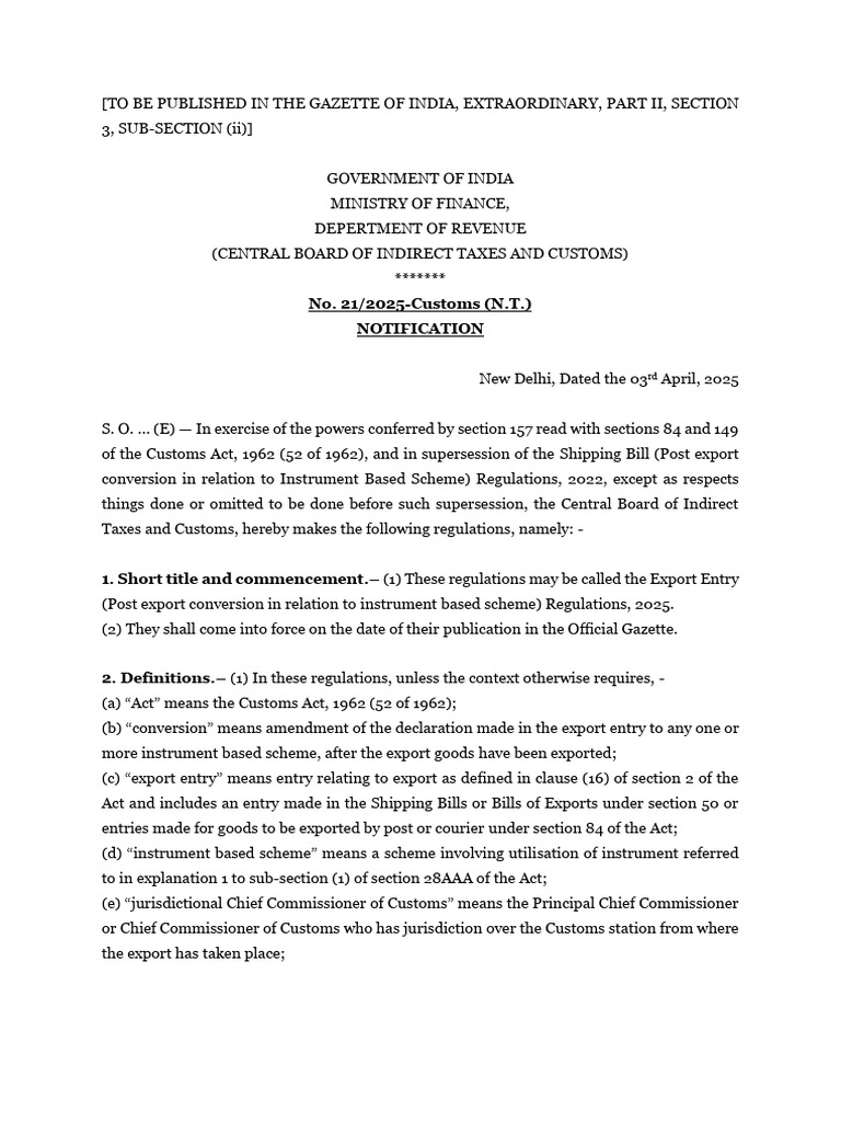 Notification No. 21/2025-Customs Regulations | PDF | Customs | Government