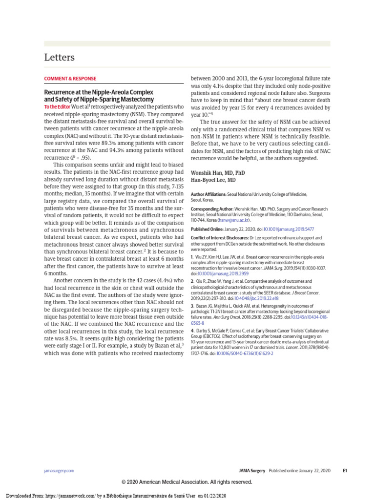 Critique Commentary Letter | PDF | Mastectomy | Health Sciences