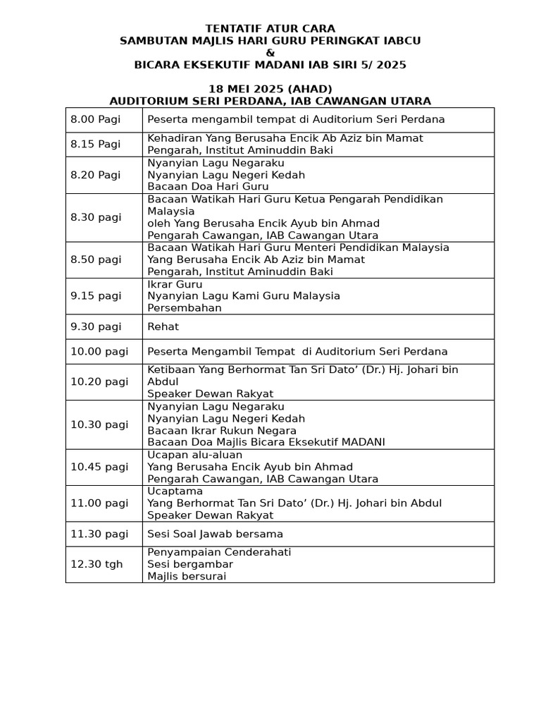 Tentatif Aturcara Yb Ts Datospeaker Parlimen | PDF