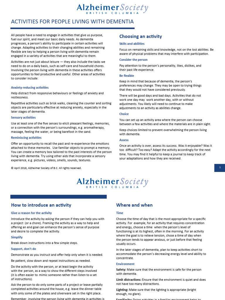 Und-Beh Activity-Handout April2018 | PDF | Dementia | Experience
