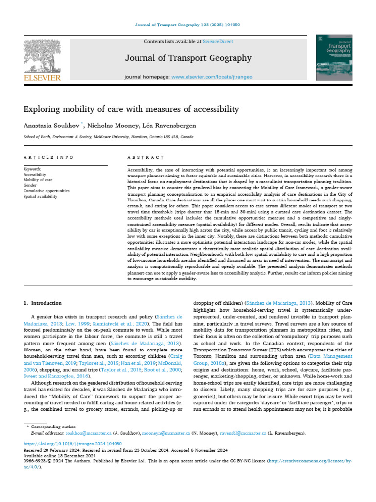 Exploring Mobility of Care With Measures of Ac - 2025 - Journal of Transport Geo | PDF | Grocery ...