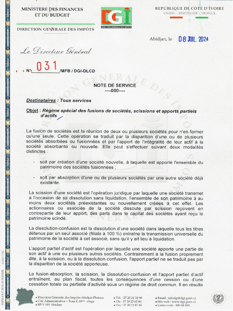 N° 031 MFB DGI DLCD DU 08 JUIL 2024 Régime spécial des fusions de sociétés, scissions et apports ...