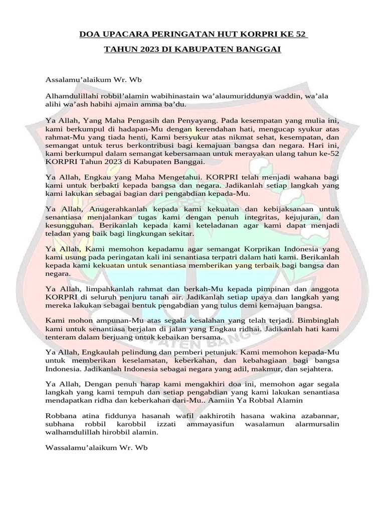 Doa Upacara Peringatan Hut Korpri Ke 52 | PDF