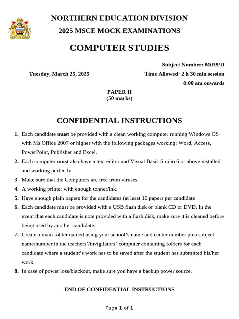 2025 Ned Msce Ned Computer Studies Paper Ii Confidential Instructions | PDF