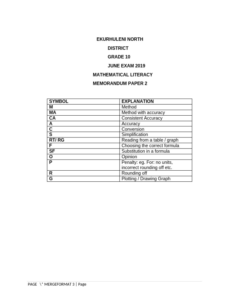 2019 Grade 10 Math Literacy Exam Memo | PDF | Length | Mathematics