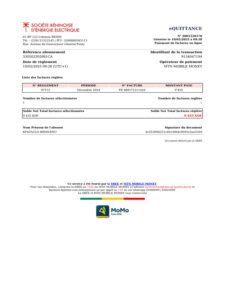 Quittance de paiement SBEE en ligne | PDF