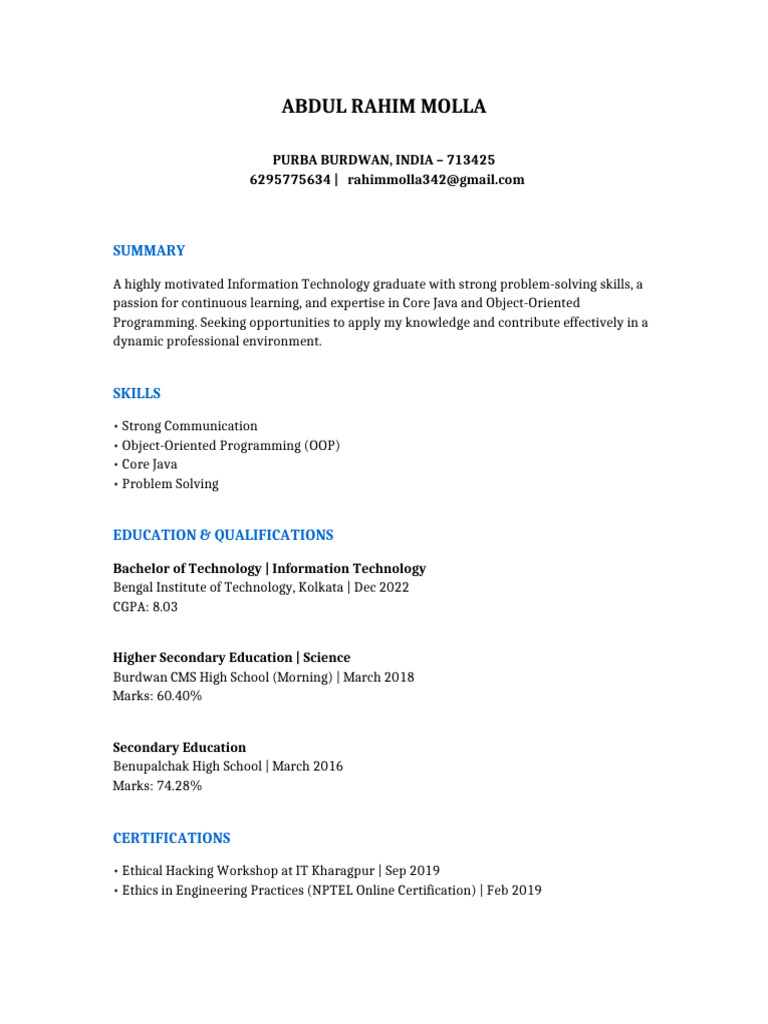 Professional Resume Abdul Rahim Molla | PDF