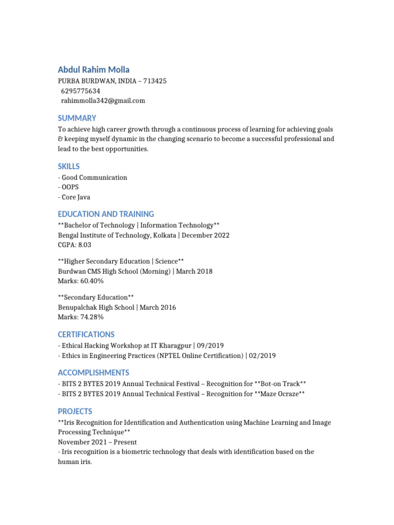 Abdul Rahim Molla CV | PDF