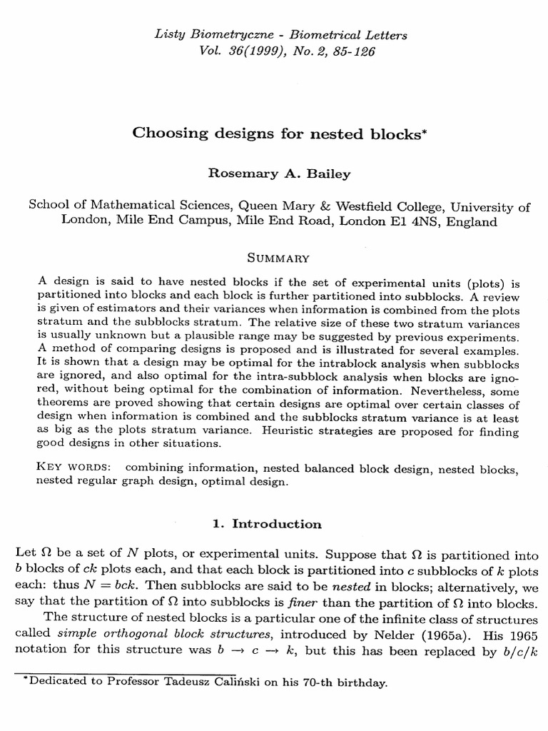 Choosing designs for nested blocks | PDF