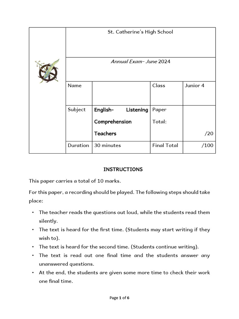 Junior 4 English Listening Exam Guide | PDF | Baking