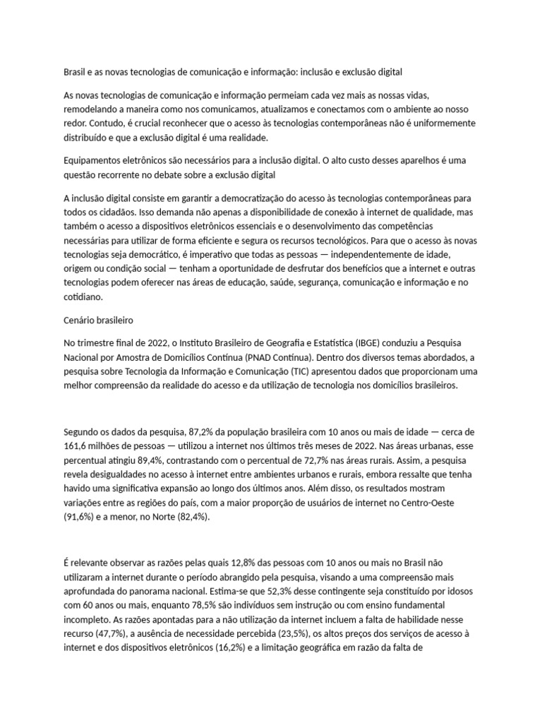 Inclusão e Exclusão Digital no Brasil | PDF | Internet | Tecnologia da ...
