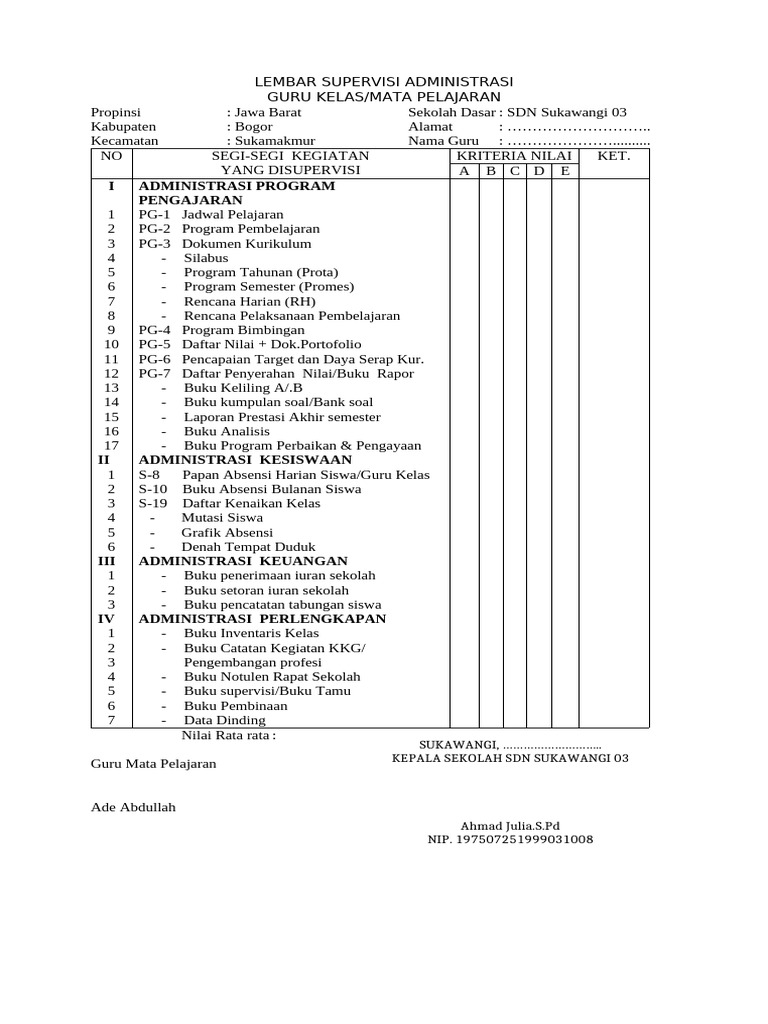 Lembar Supervisi Administrasi 2025 | PDF