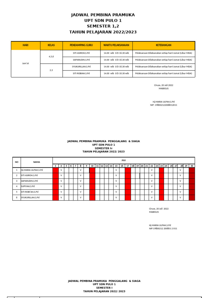 JADWAL PEMBINA PRAMUKA EKSTRAKURIKULER 2023-2024xlsx | PDF