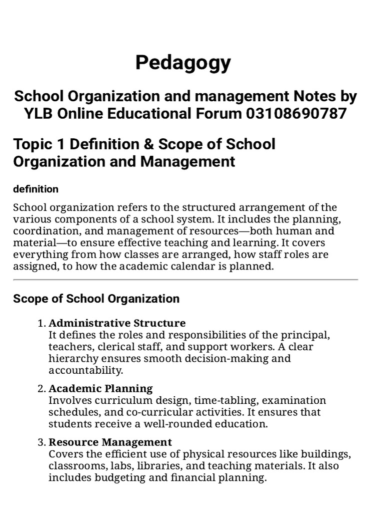School Organization and Management Detailed Notes | PDF | Teachers ...