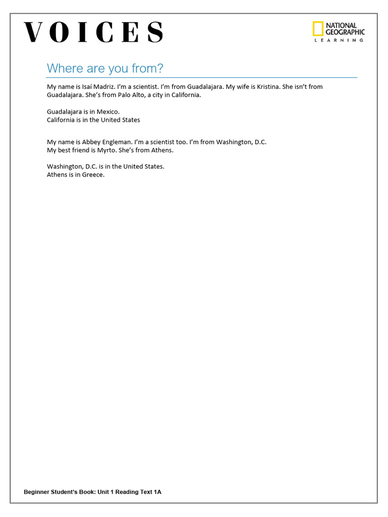 Voices Beginner Studentworksheets Reading Text Unit 01 Pdf